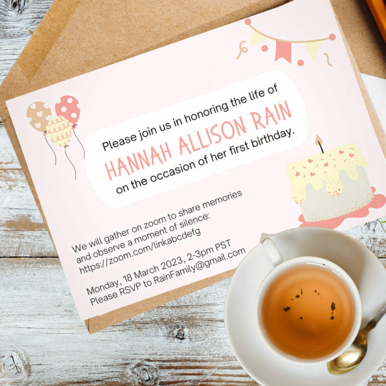 Invitation to a child's virtual memorial birthday celebration