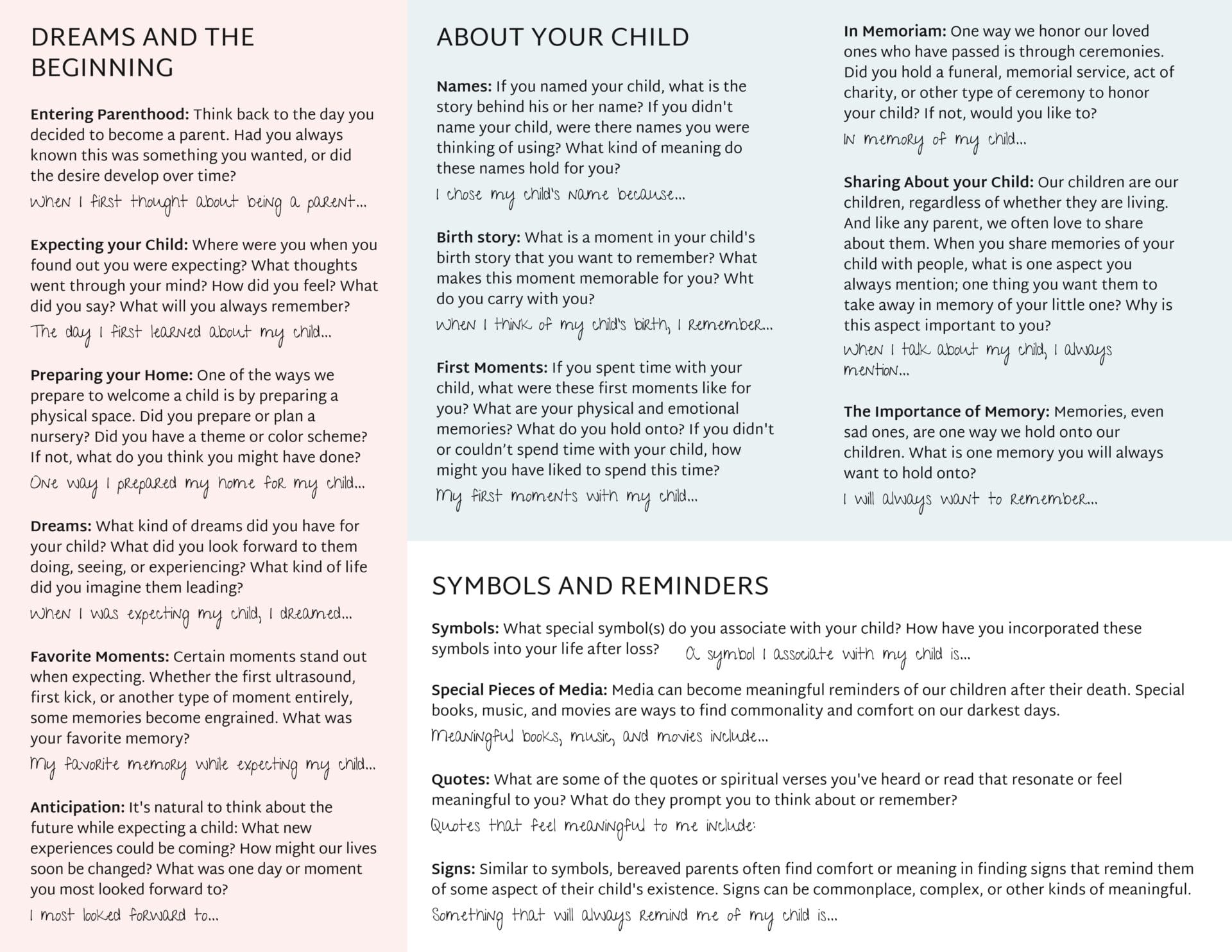 Journal Prompts to Remember Your Child - Free brochure